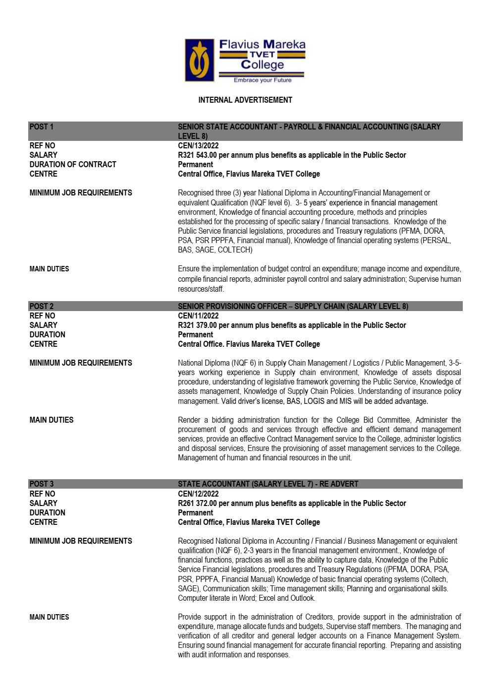 Internal Vacancies – Flavius Mareka TVET College