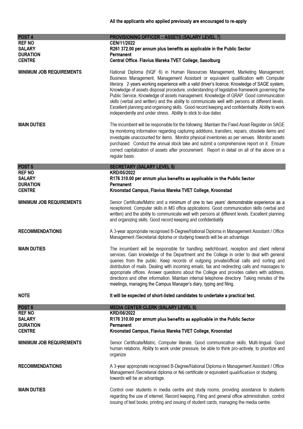 Internal Vacancies – Flavius Mareka TVET College