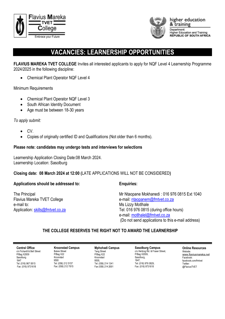 Learnership – Flavius Mareka TVET College